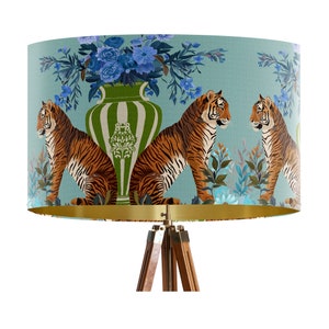 Tiger Lampshade on Aquamarine With Gold Lining, Botanical Florals on ...