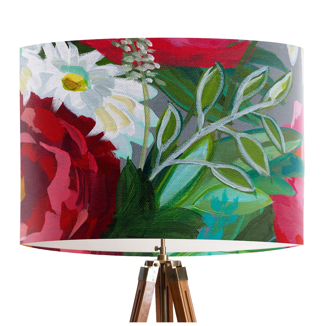 Red Green & White Abstract Floral Lamp Shade - Bold and Colourful Drum ...