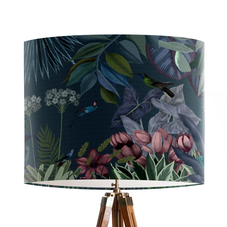 Hummingbird Garden, Dark Blue Botanical Lampshade, Bird & Floral ...