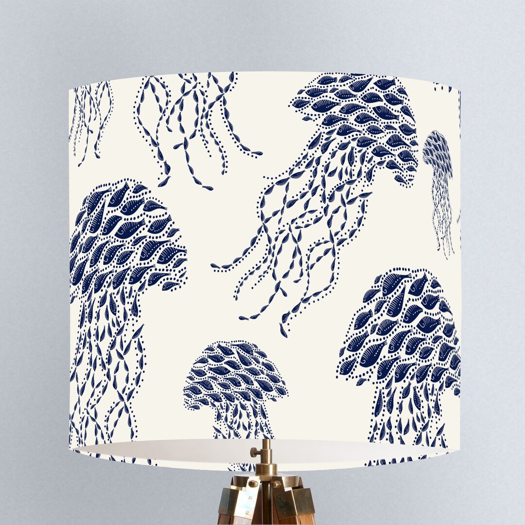 Navy Blue and White Jellyfish Nautical Lamp Shade - Coastal Home Decor ...