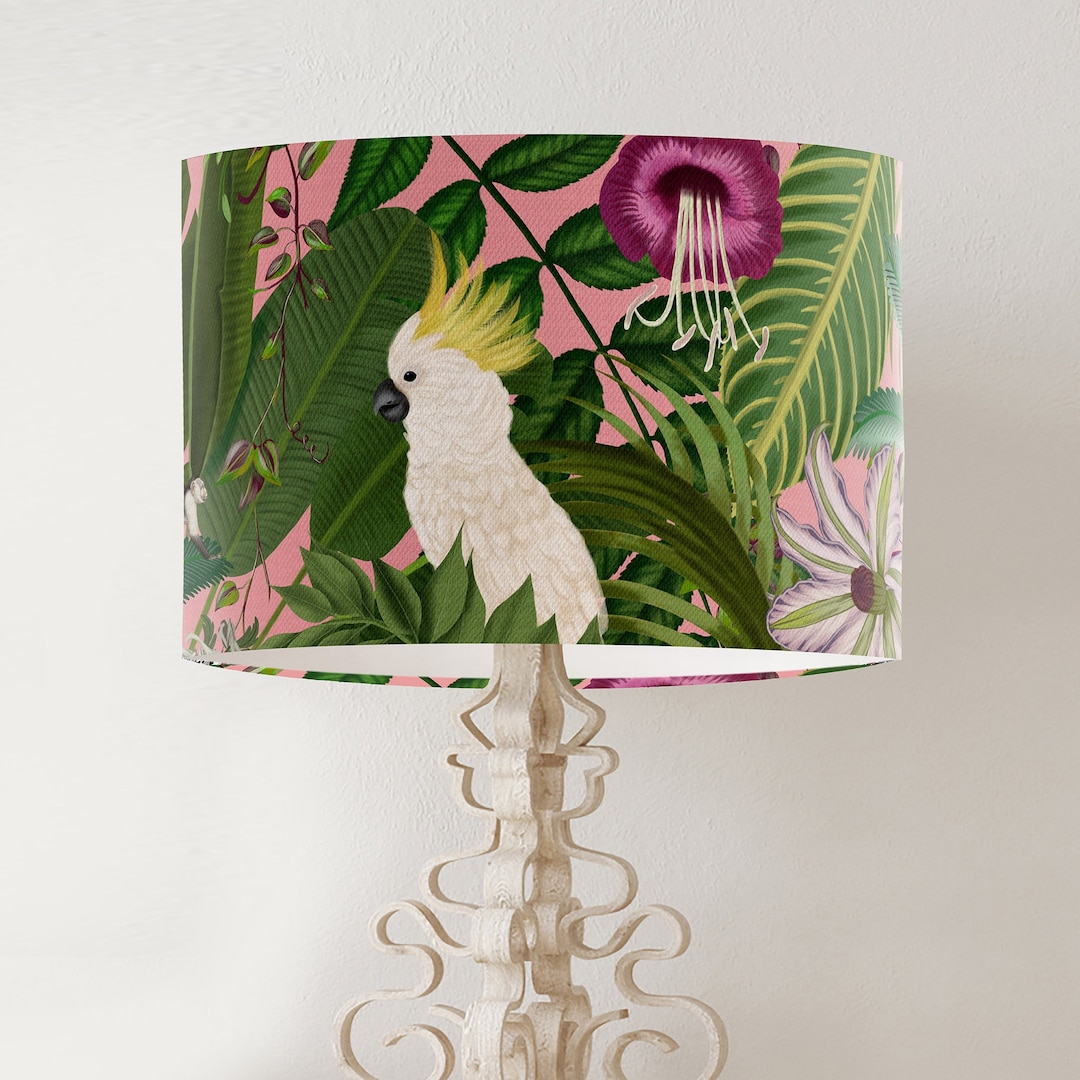 Rainforest Lampshade: Pink Tropical Parrots & Monkeys Drum Shade - Etsy