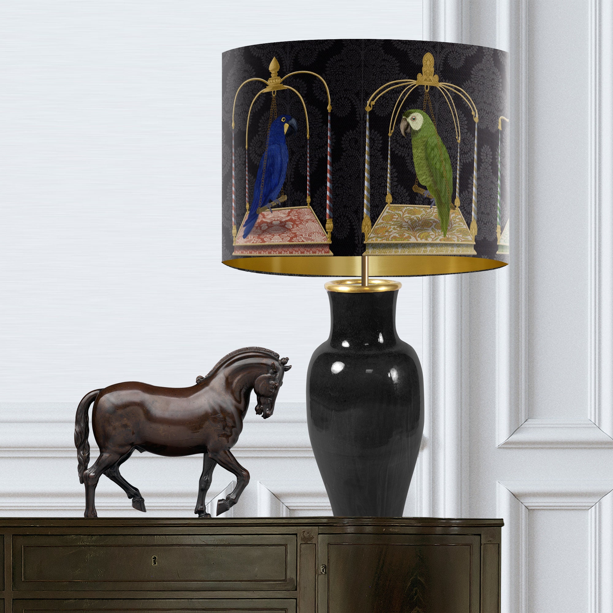 Parrot Swing Lamp Shade on Charcoal - Large Lamp Shade Gold Lining ...