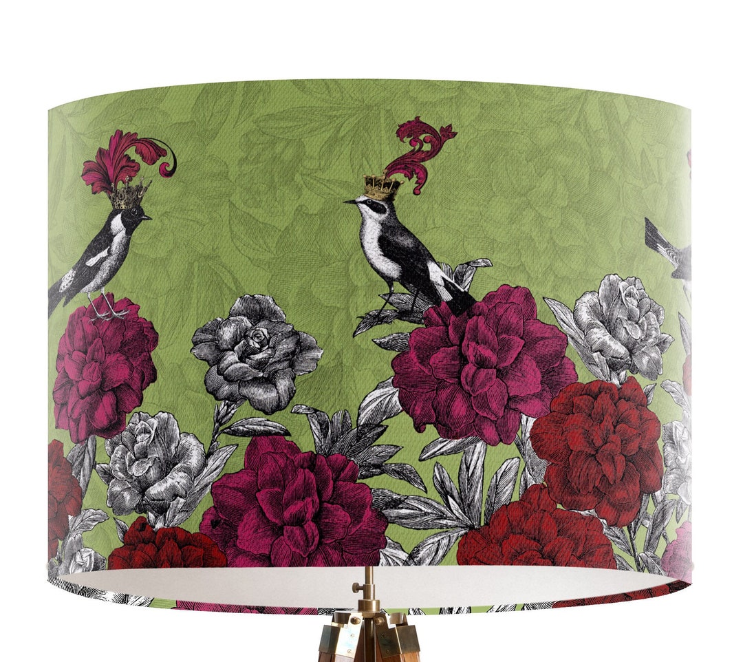 Green Pink and Red Floral Lampshade, Blooming Birds Rhododendron ...