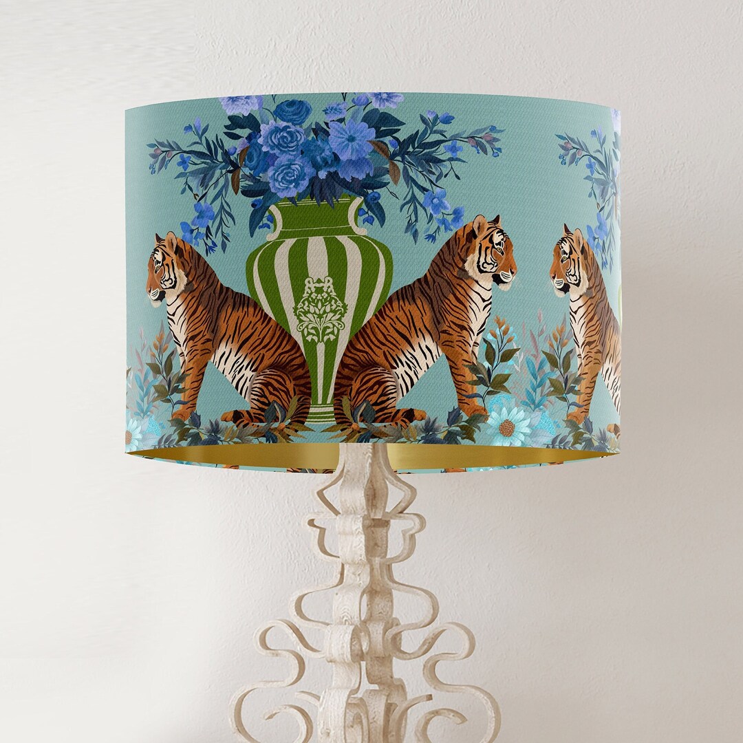 Tiger Lampshade on Aquamarine With Gold Lining, Botanical Florals on ...