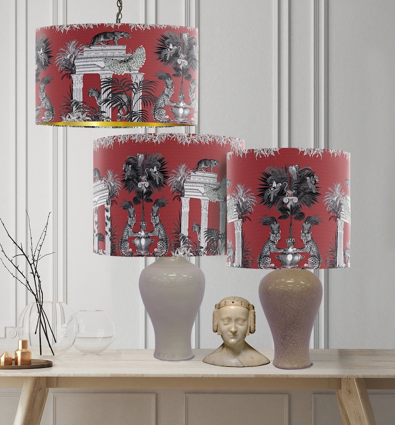 Tropical Jungle Lamp Shade Red With Leopard, Gold Lined Drum Lampshade ...