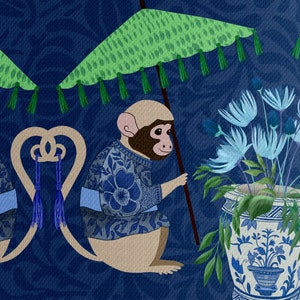 Chinese Monkey Lamp Shade in Blue and Green, Chinoiserie Decor ...