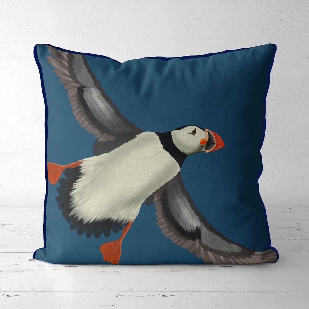 Puffin Pillow Cover, Puffin in Flight, Coastal Home Cushion Cover ...