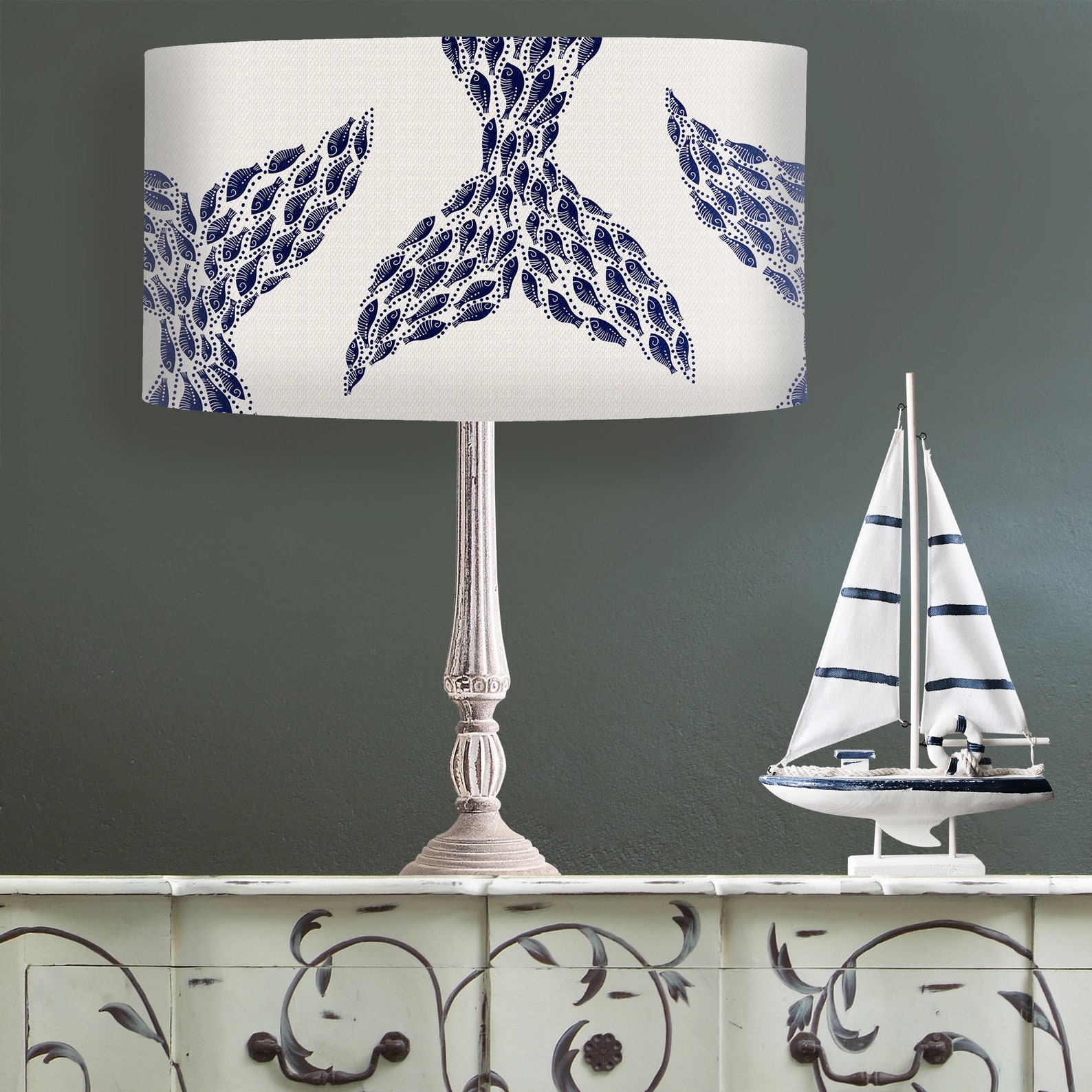 Navy Blue and White Nautical Lamp Shade - Whale Tail Drum Lamp Shade ...