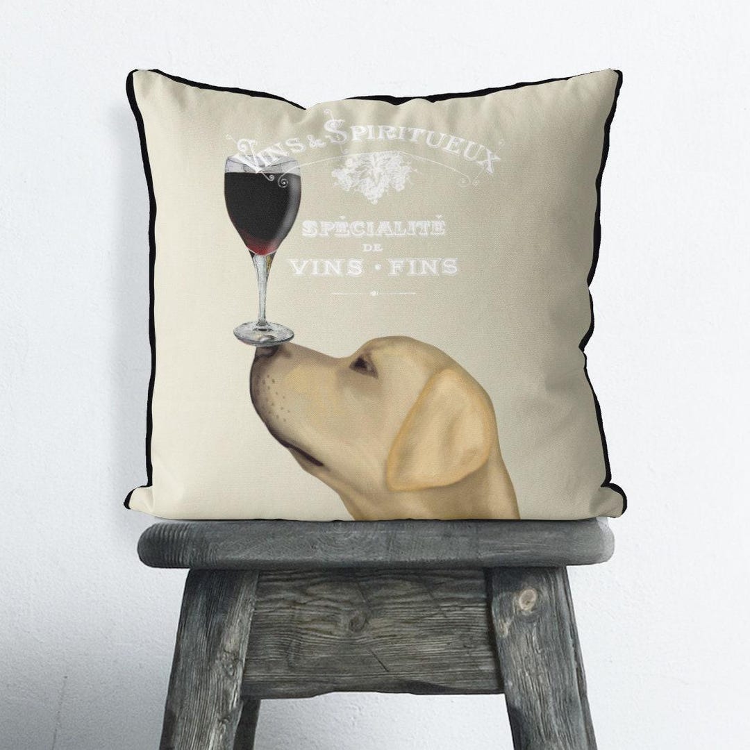 Yellow Labrador Pillow Cover, Cute Dog Cushion, Funny Wine Lover Gift ...