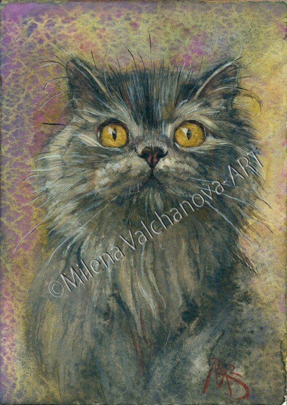 Grey Silver Angora Cat Print for her Cat painting Cat art | Etsy