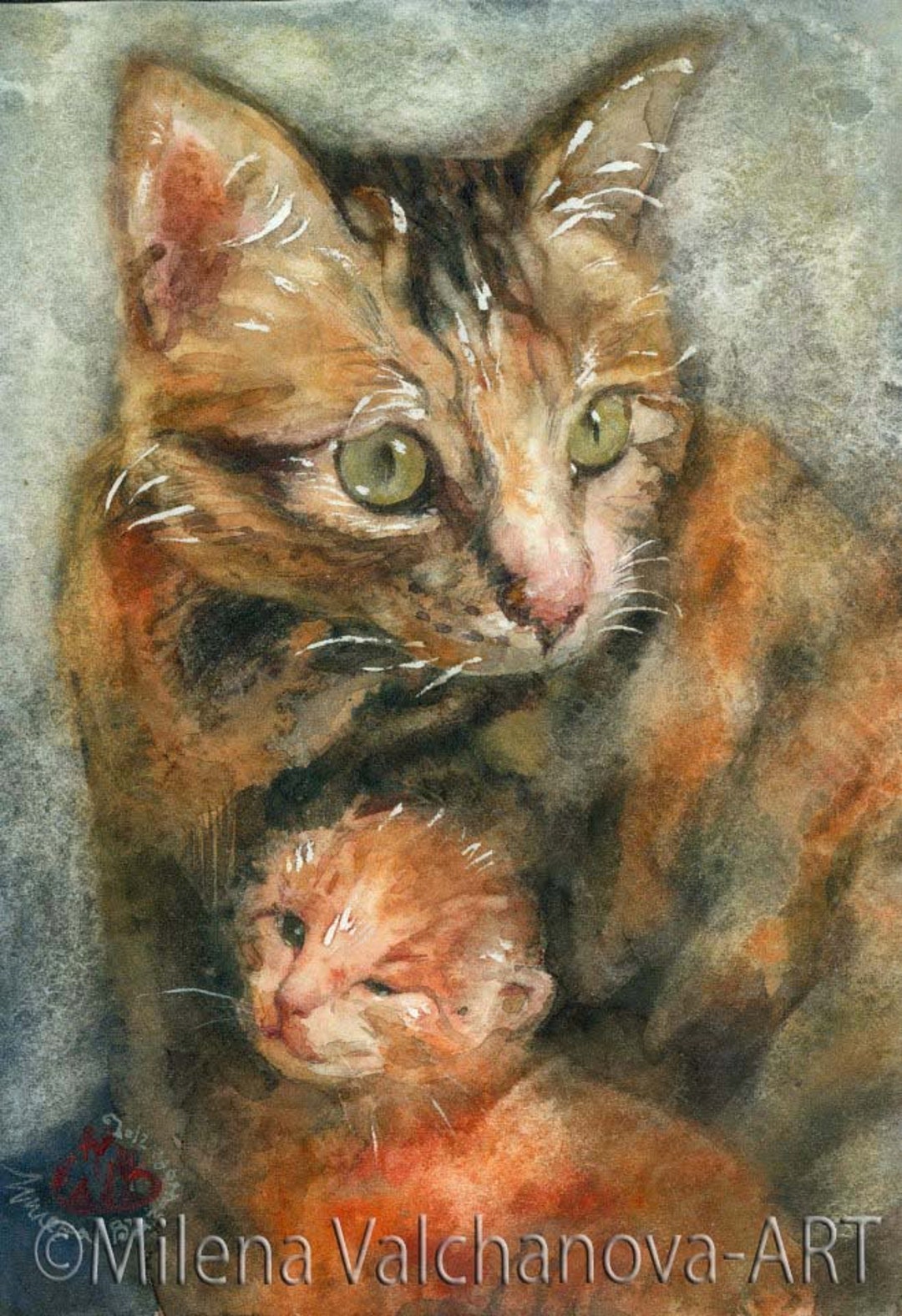 Mother Cat-cat Art-print of My Original Watercolor Cute Kitten-cat ART ...