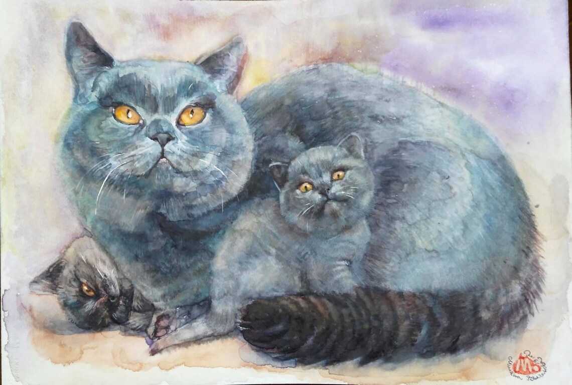 British Shorthair Mother Cat With Kittens Gift for Cat Lovers - Etsy
