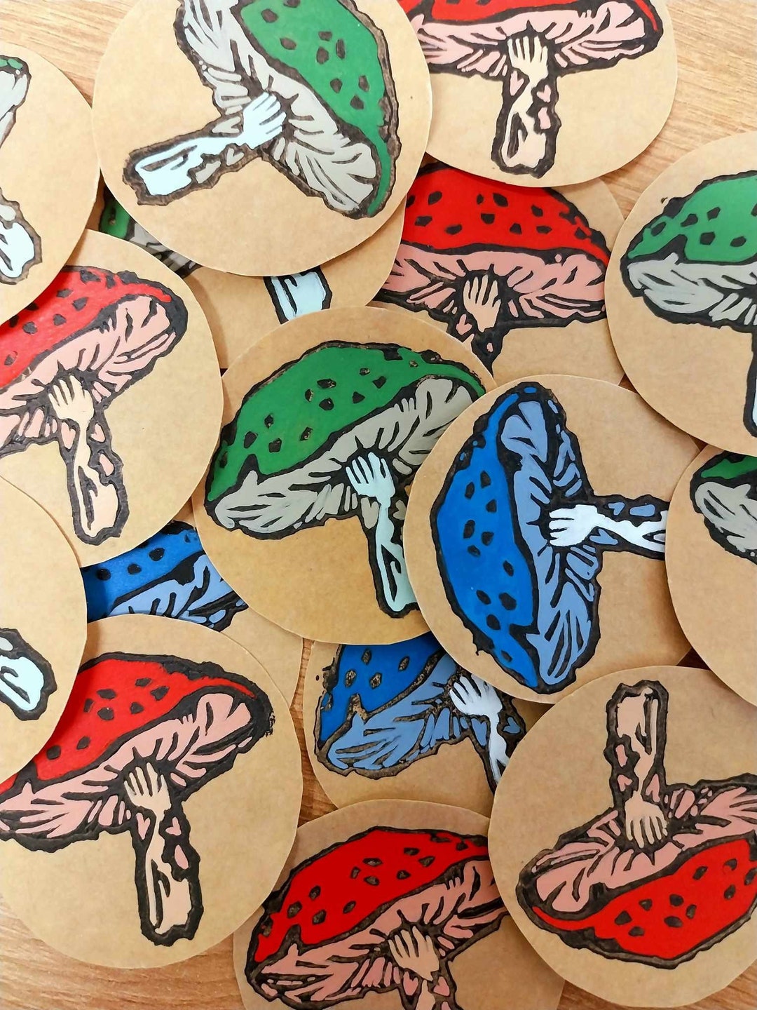 Hand Painted Mushroom Sticker Set, Handmade Relief Printed Nature ...