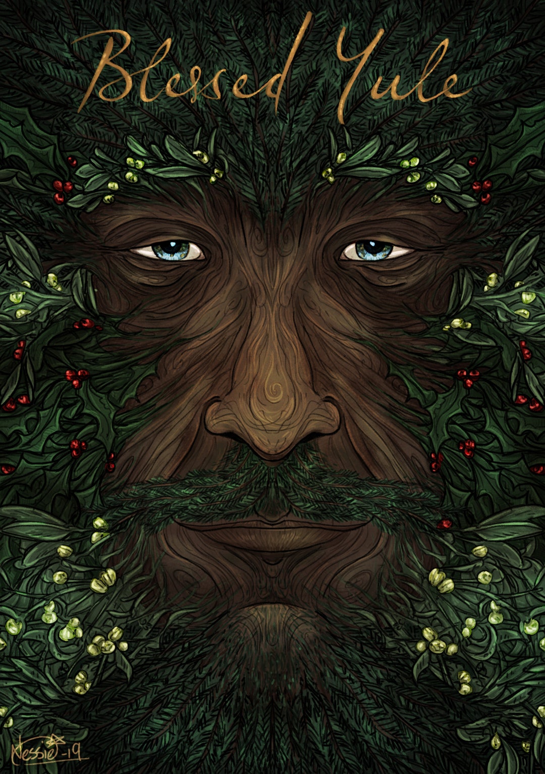 Greenman Happy Yule Print, Original Illustration, Nature and Solstice ...