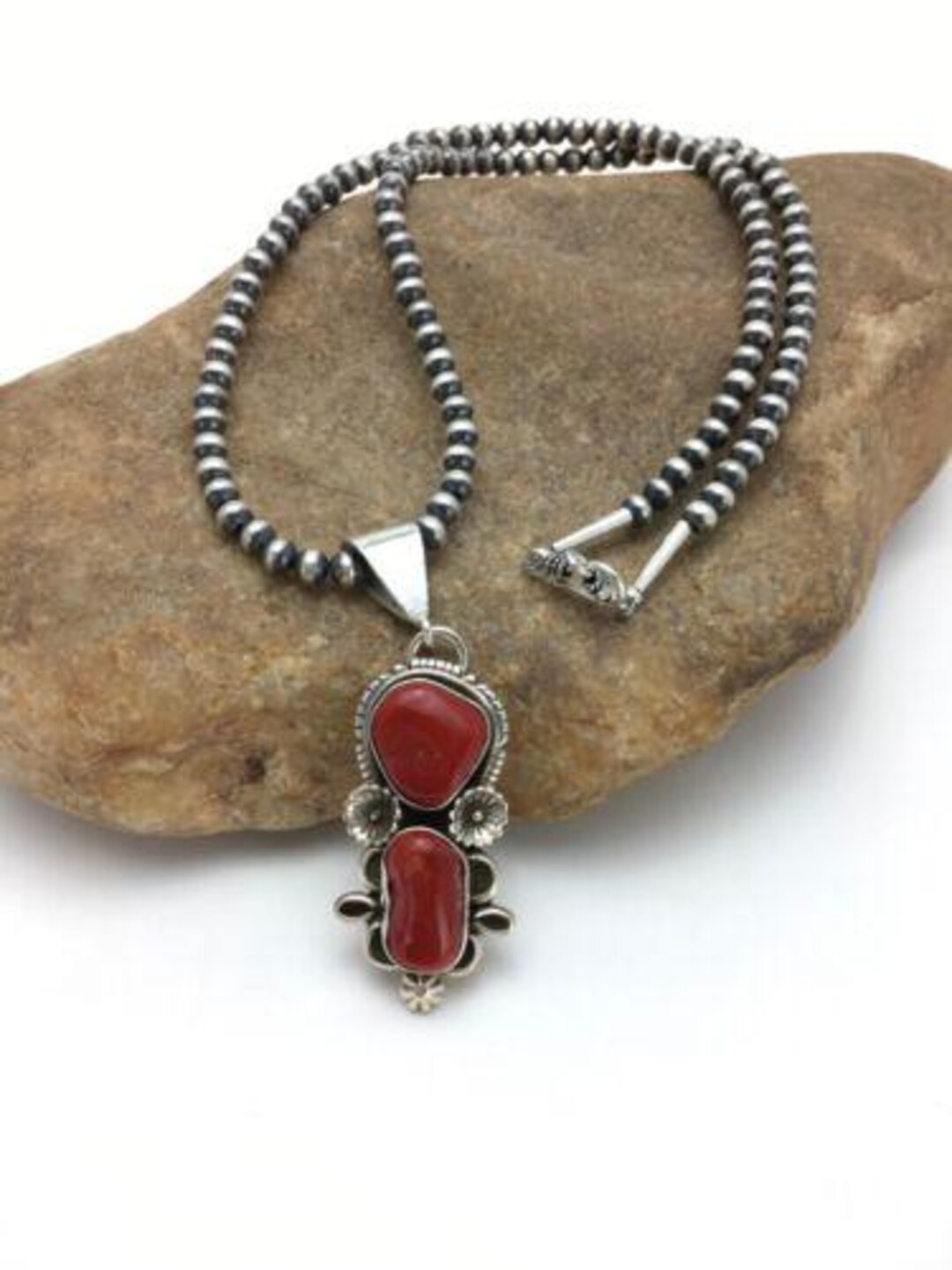 Navajo Red Coral Pendant Necklace | Sterling Silver | Authentic Native ...
