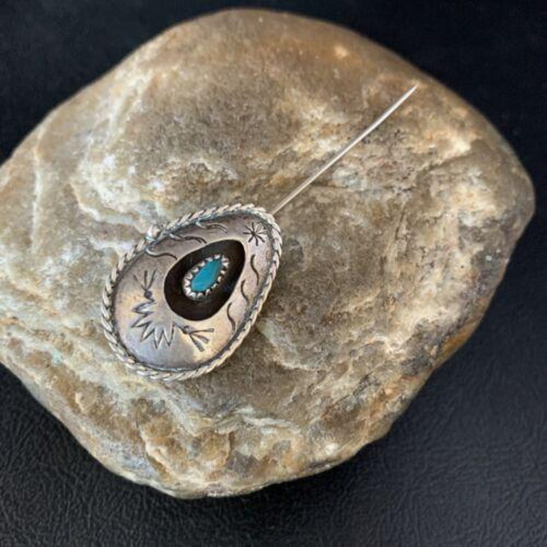 Old Pawn Navajo Hair Pin | Sterling Silver Blue Turquoise | 2.5 ...