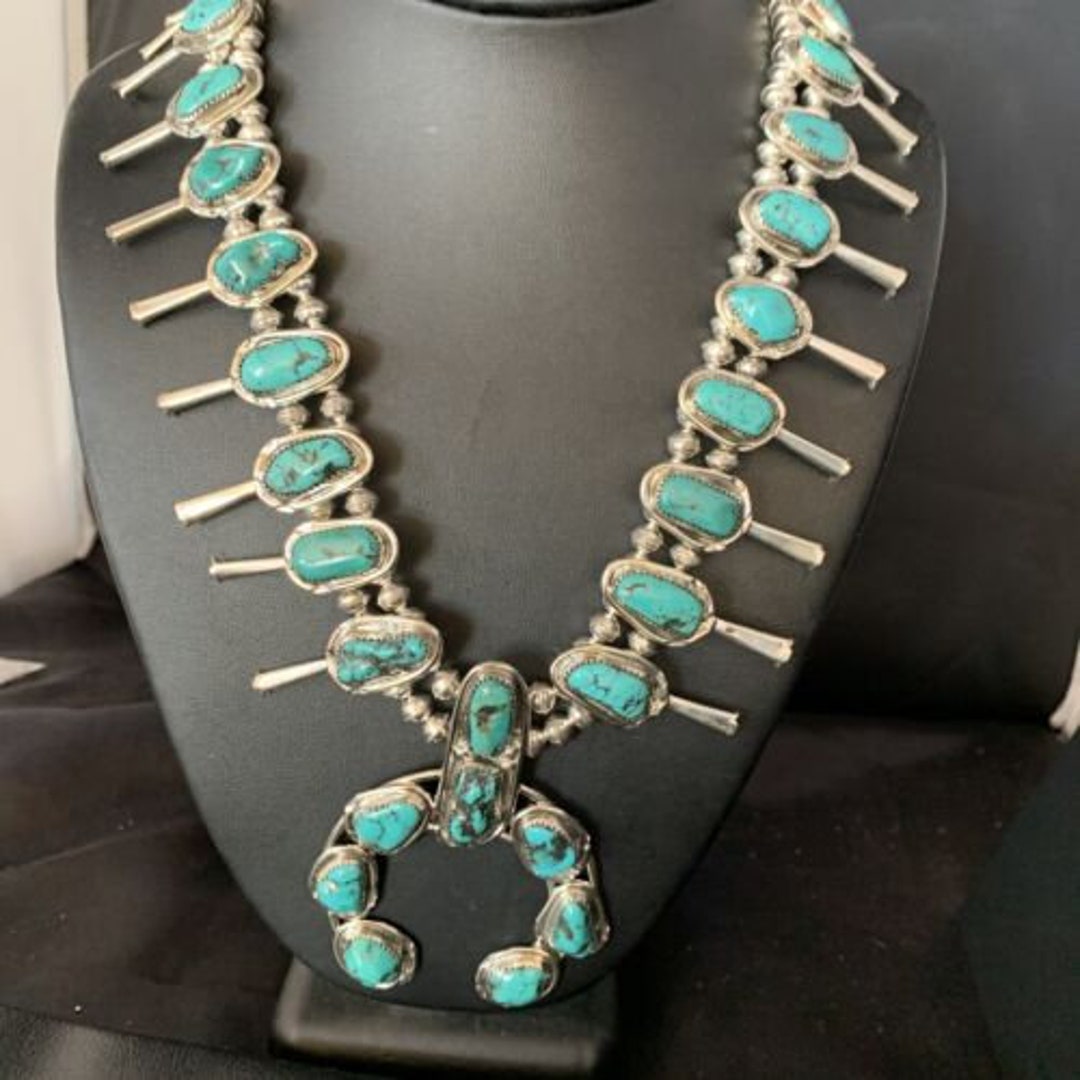 Spider Web Turquoise Naja Pendant Navajo Sterling Silver Squash Blossom ...