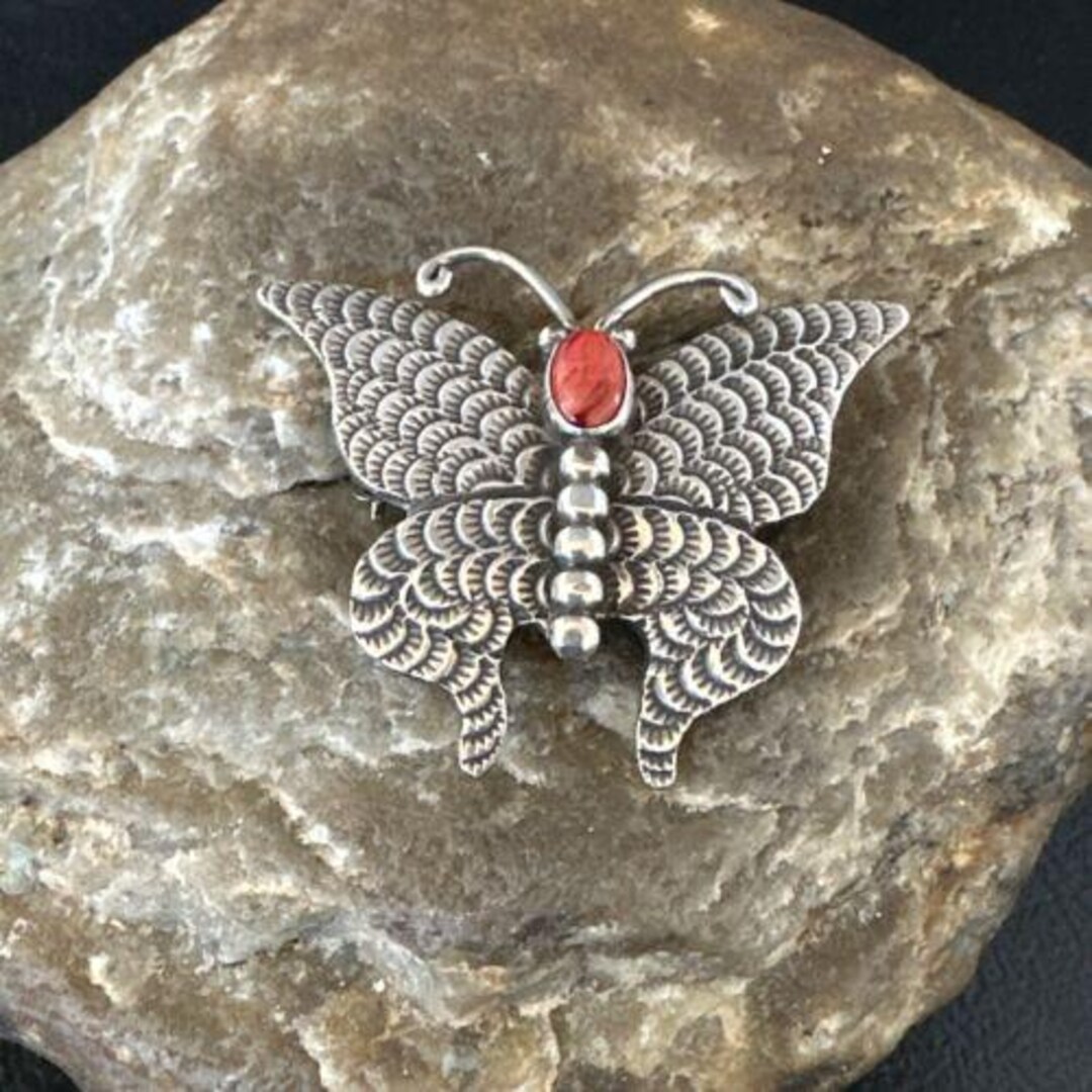Navajo Butterfly Red Coral Pin Pendant | Sterling Silver | 1.25 ...