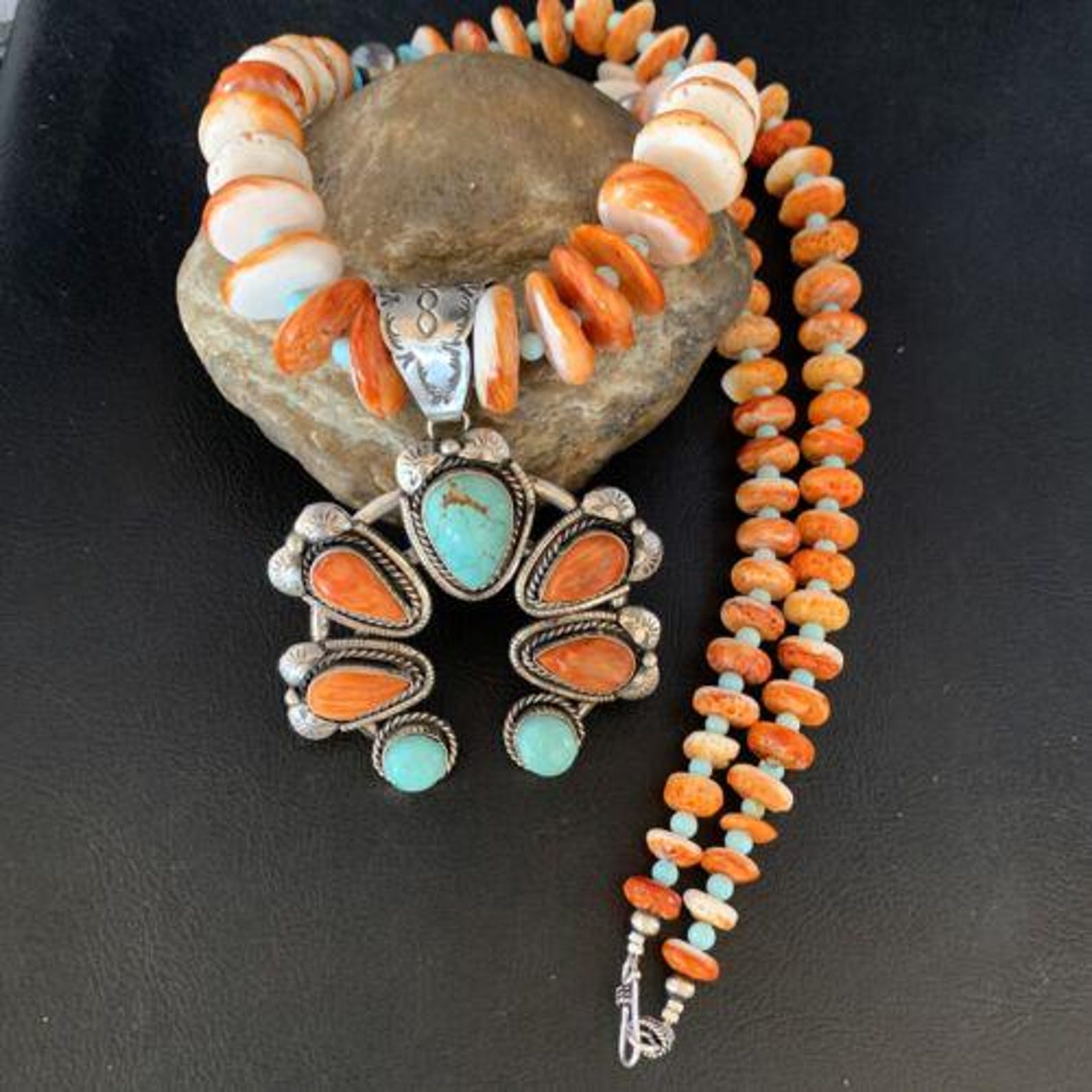 Orange Spiny Turquoise Naja Navajo Pendant Necklace | Sterling Silver ...