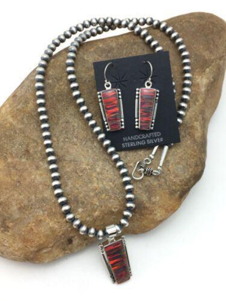 Navajo Red Opal Pendant Necklace & Earrings Set | Sterling Silver ...