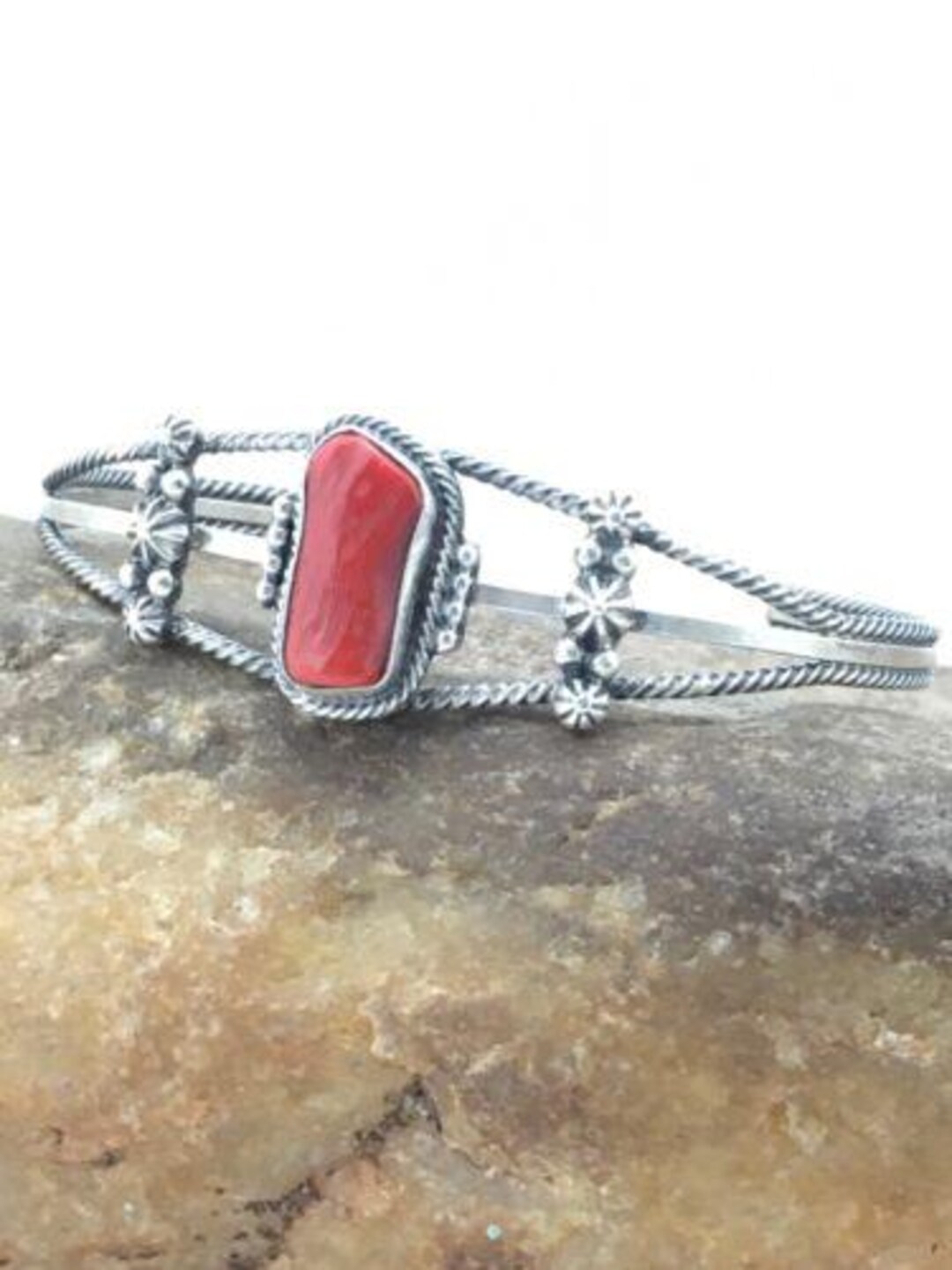 Native American Red Coral Navajo Bracelet Sterling Silver Authentic ...