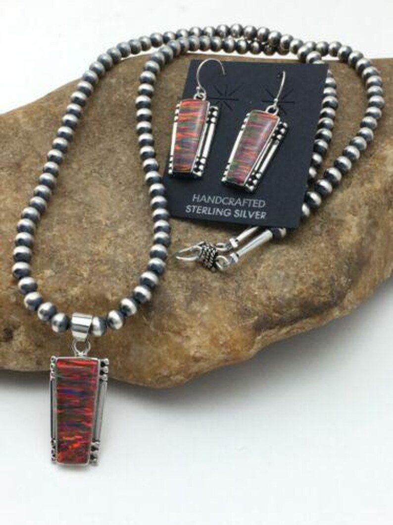 Navajo Red Opal Pendant Necklace & Earrings Set | Sterling Silver ...