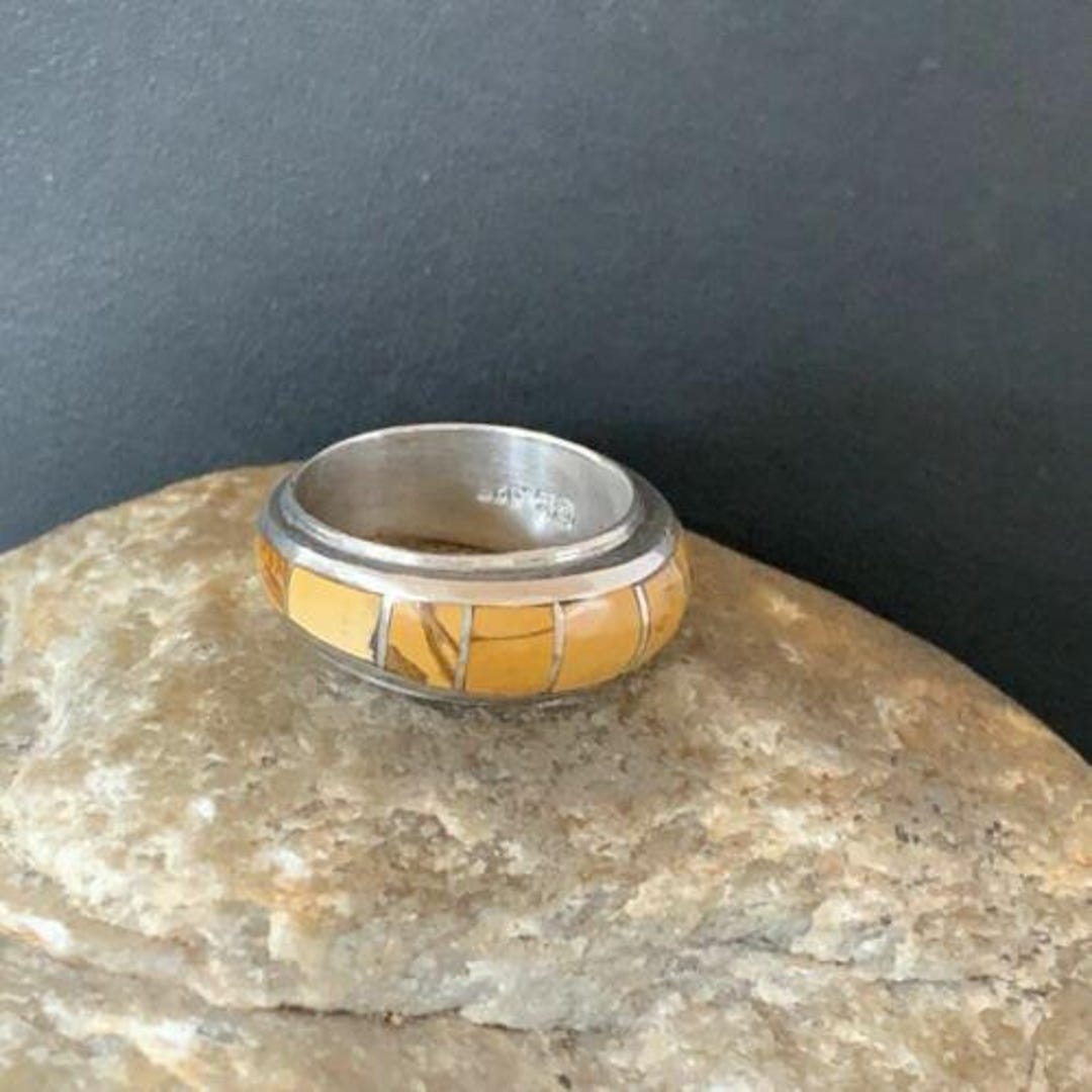 Navajo Yellow Gold Turquoise Inlay Ring | Sterling Silver | Sz 6 ...