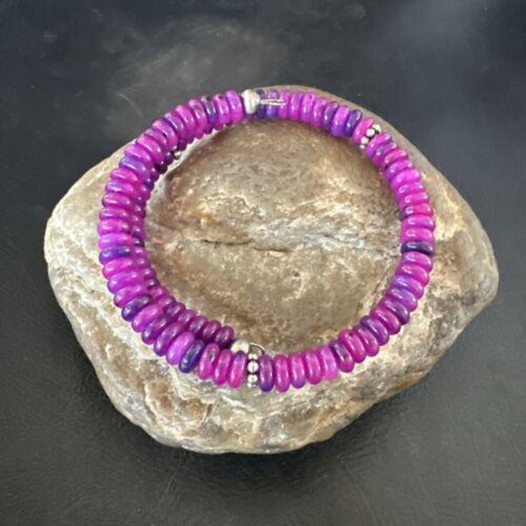 Navajo Purple Sugilite Bead Bracelet | 6mm | Stainless Steel Memory ...