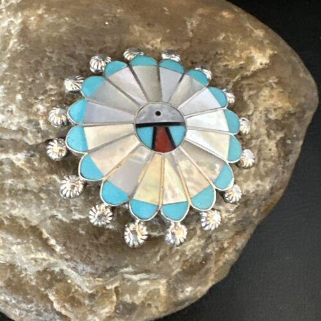 Zuni Sunface Inlay Turquoise Mother of Pearl Pin Pendant | Sterling ...