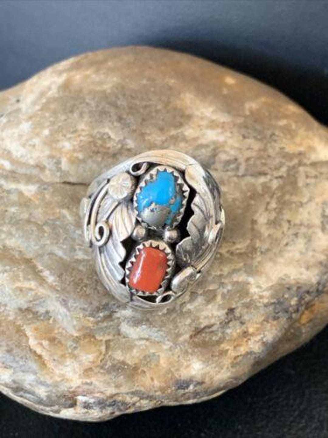 Navajo Feather Ring With Blue Kingman Turquoise, Coral, and Multi-stone ...