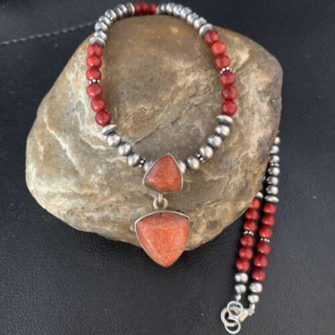 Navajo Red Apple Coral & Multi-stone Bead Necklace | Sterling Silver ...