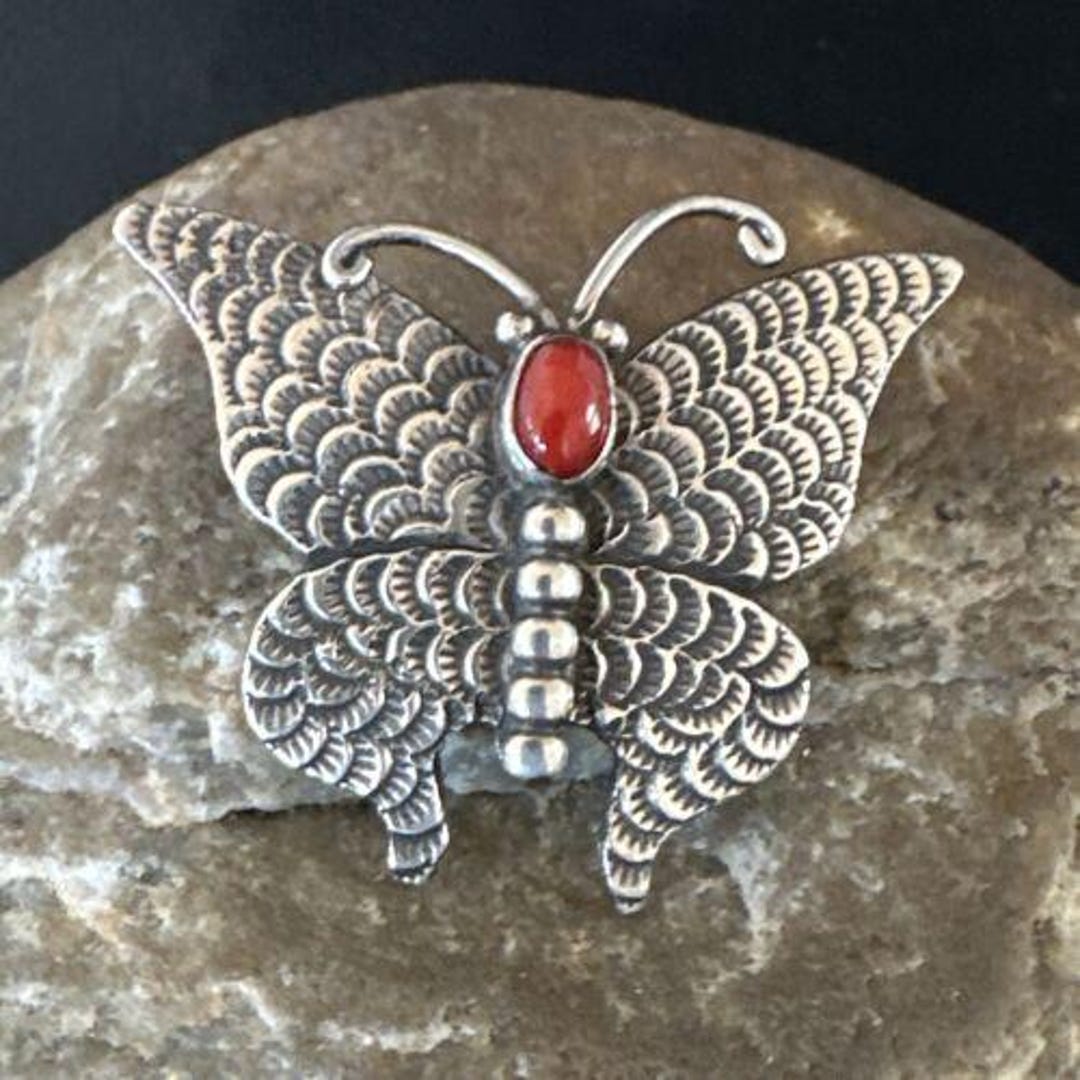 Navajo Butterfly Red Coral Pin Pendant | Sterling Silver | 1.25 ...