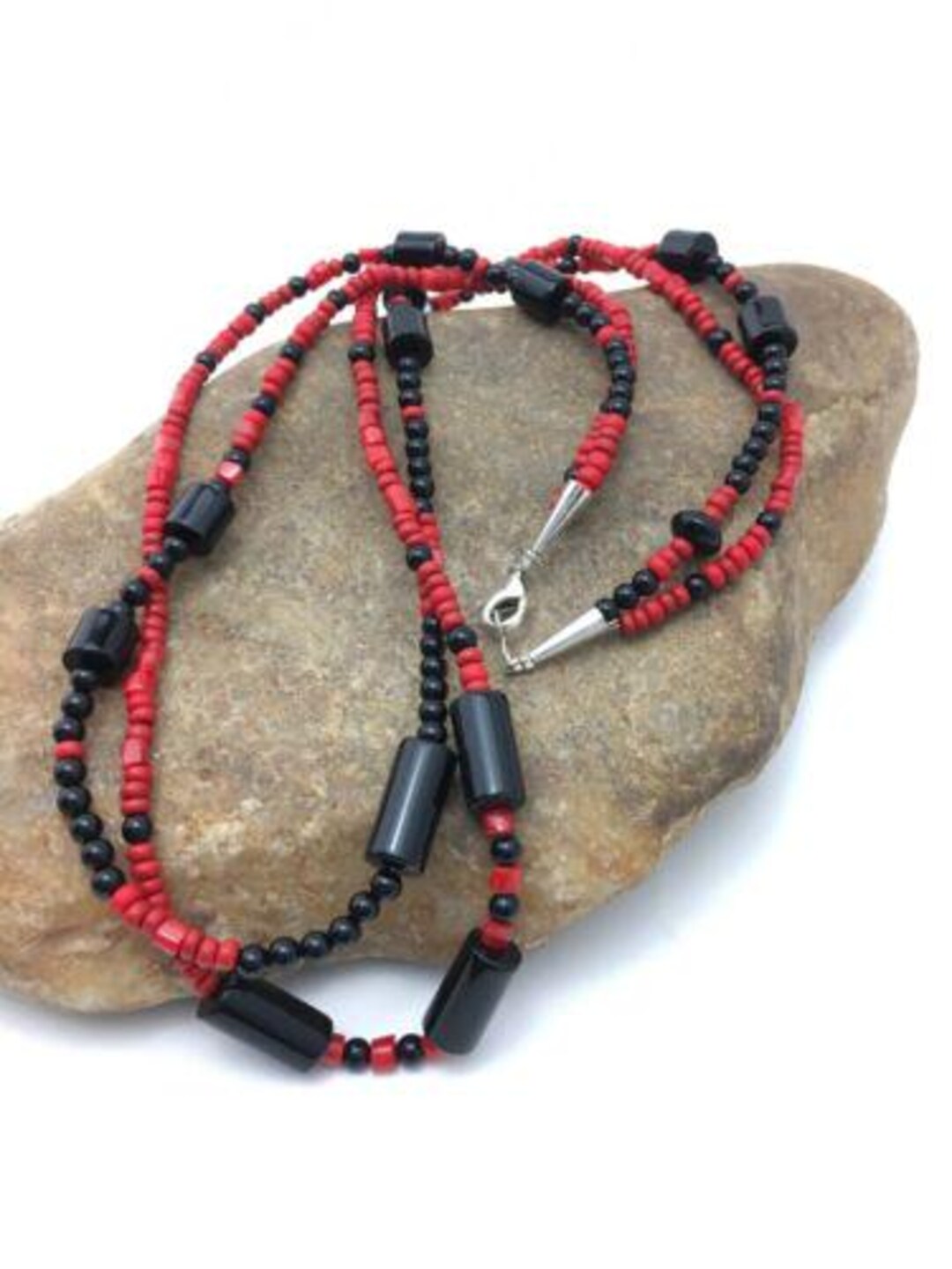 Southwestern Red Coral & Onyx 2-strand Necklace | Navajo Sterling ...