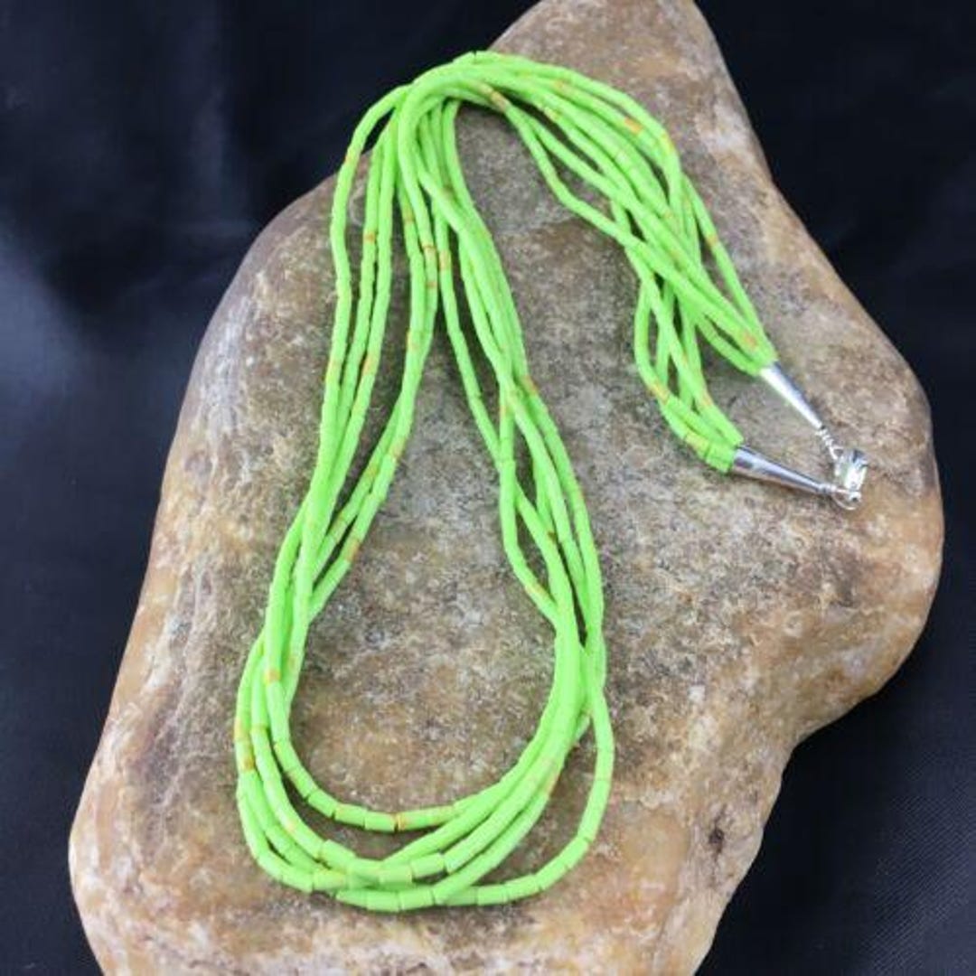 Native American Green Gaspeite Tube Heishi Necklace | 5 Strand ...