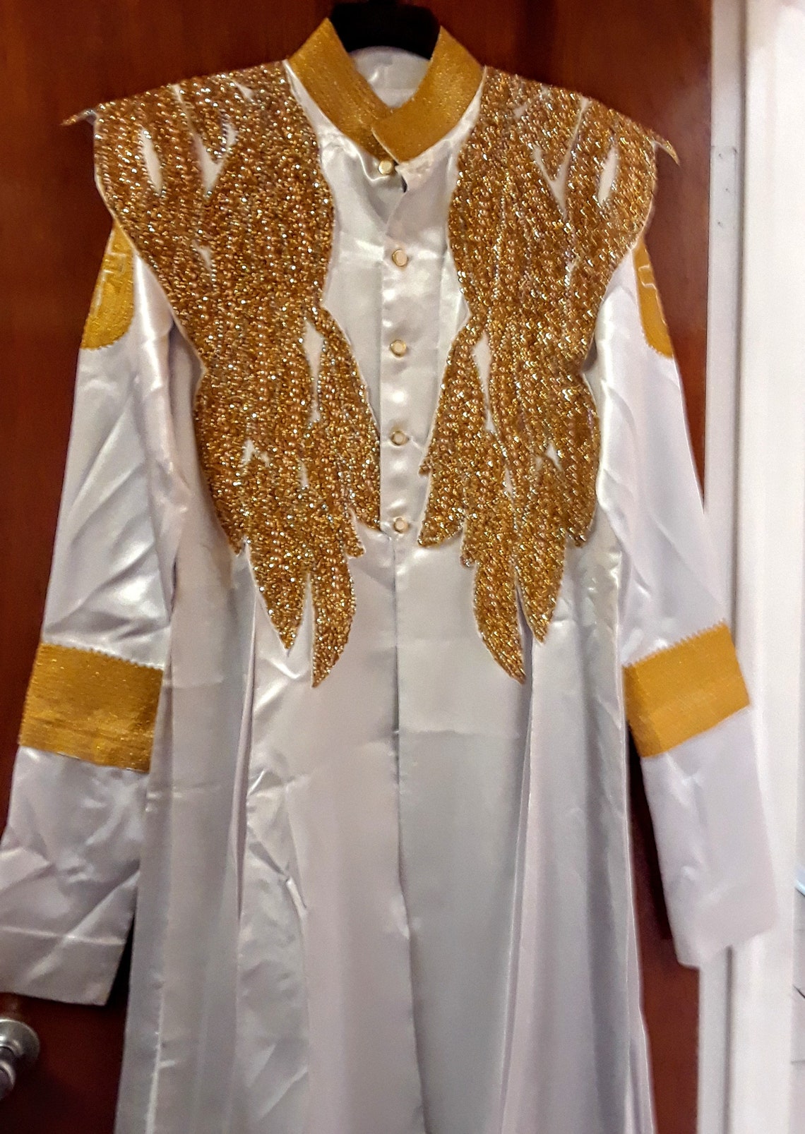 White Satin Robe With Gold Rhinestones and Embroidery - Etsy