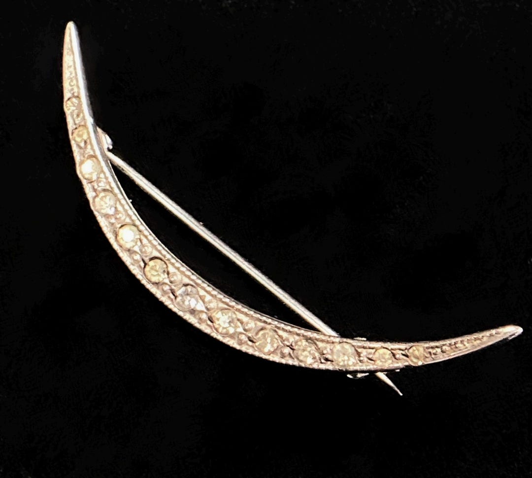 Antique Sterling Silver Crescent Moon Pin With Paste Stones, Edwardian ...