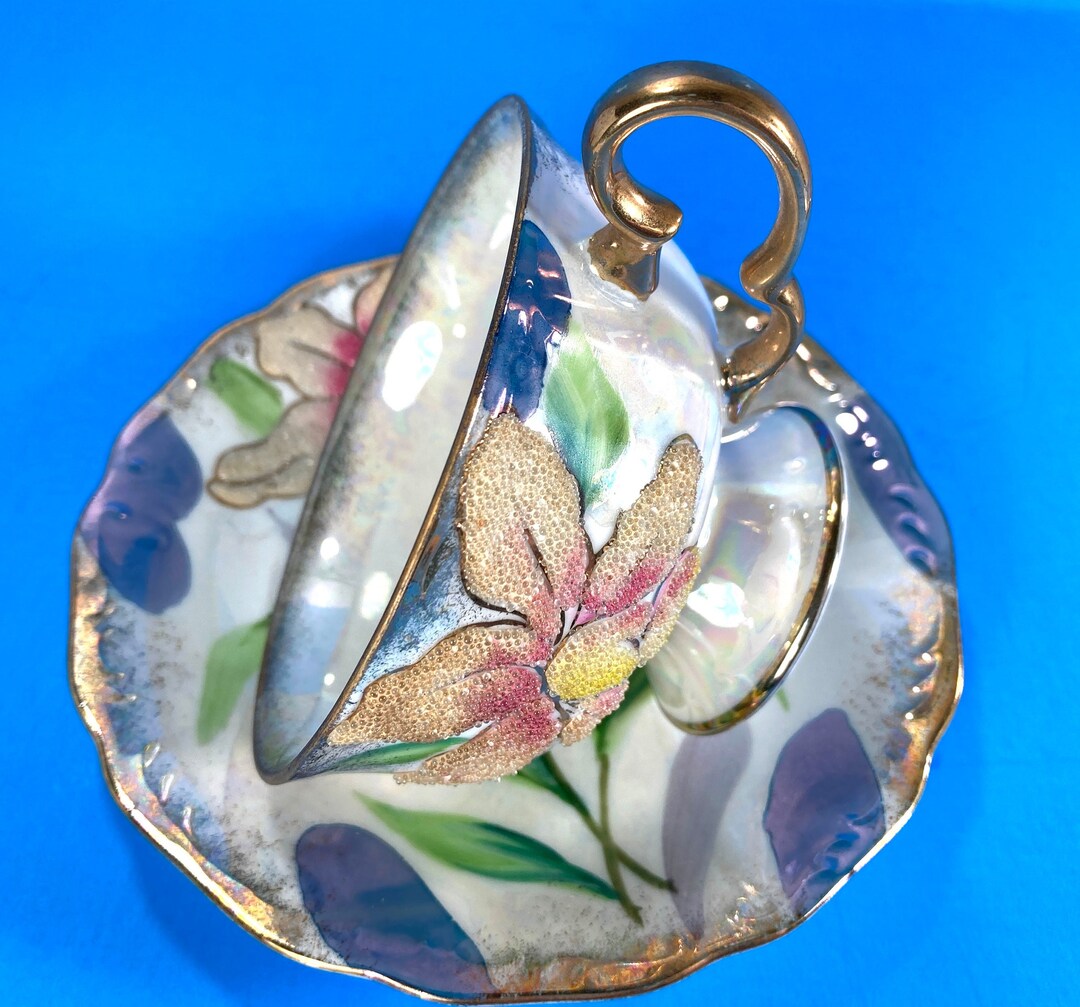 Sugar Texture Lusterware Cup and Saucer, Raised Pattern With Pink ...