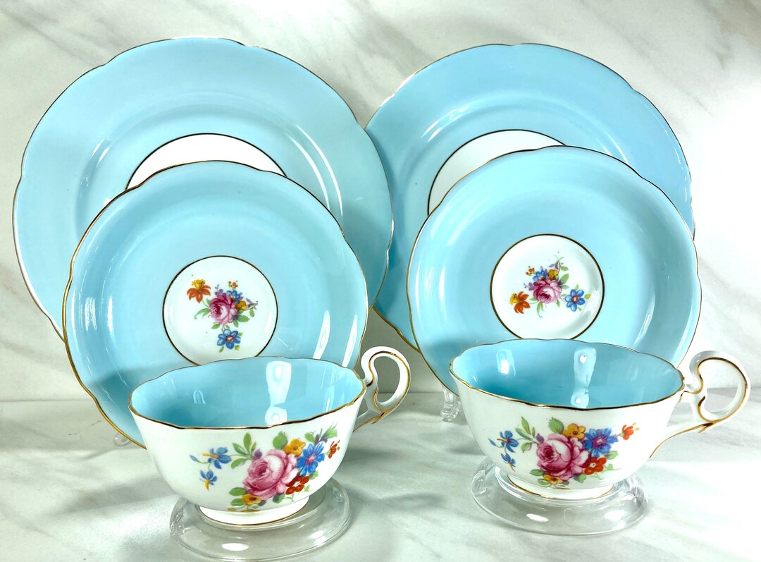 Two Royal Grafton Dessert Sets, Wildflowers on Light Blue, Each Set Has ...