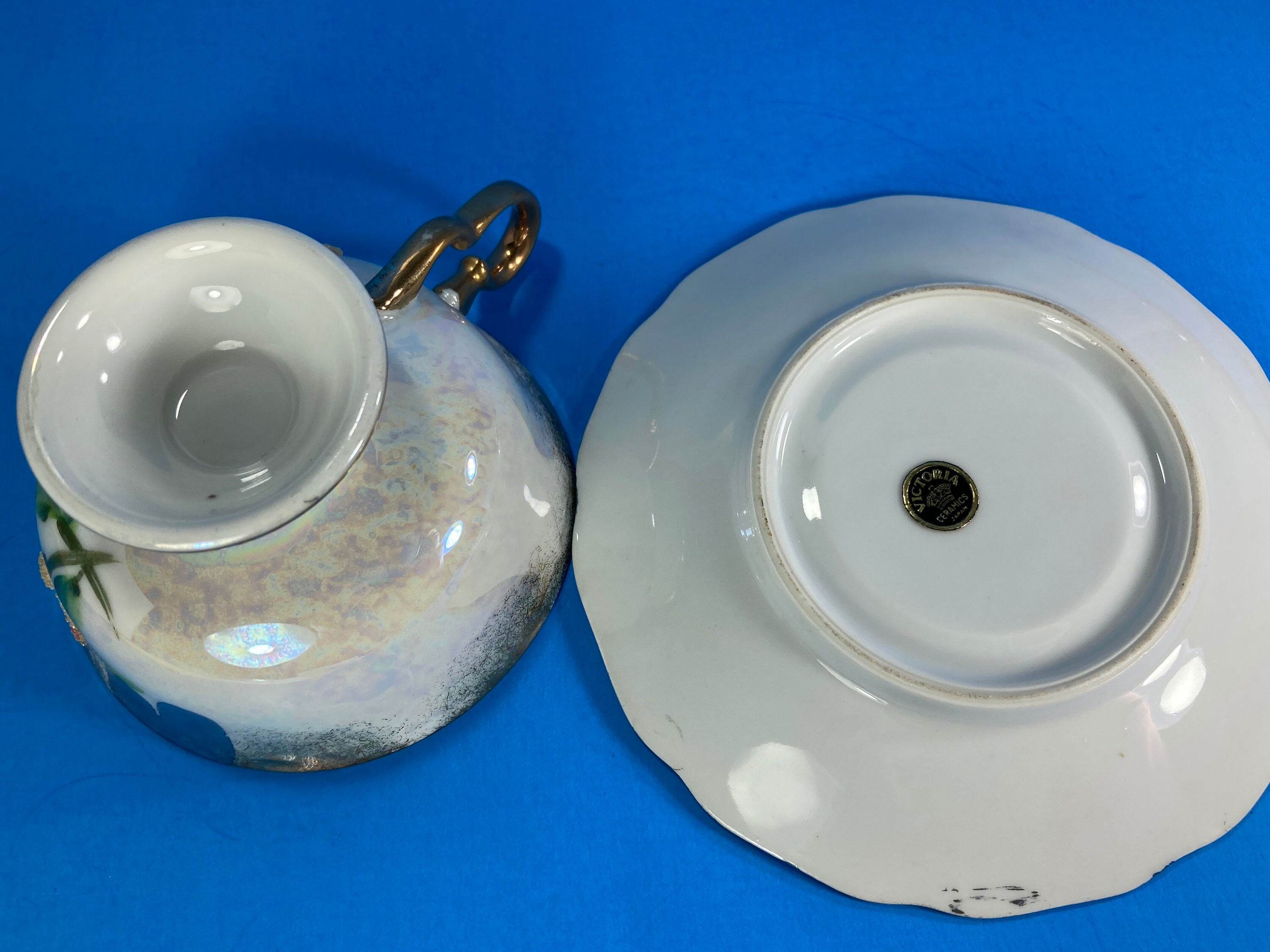 Sugar Texture Lusterware Cup and Saucer, Raised Pattern With Pink ...