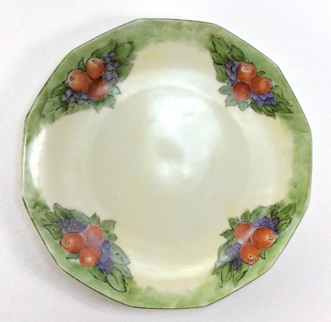 Antique Hand Painted Czech Plate With Fruit Design, Green Rim, 12-sided ...