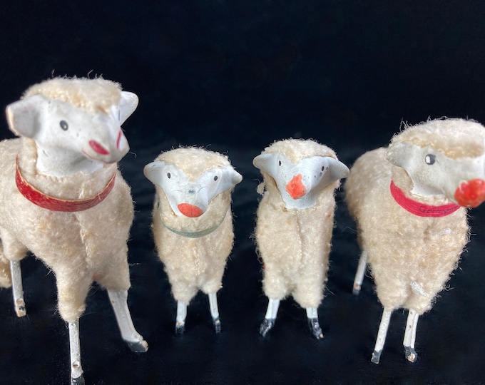 4 Antique Putz Wooly Stick Leg Sheep Figurines, Putz Wool Sheep ...