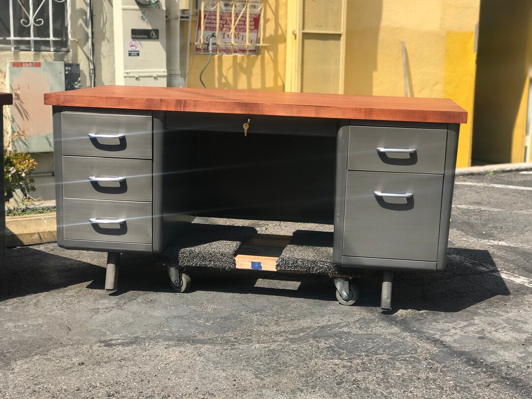 Allsteel Brushed Steel Tanker Desk With Wood Top - Etsy