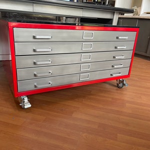 Vintage Steel Flat File Cabinet Coffee Table- Red and Brush Steel With ...