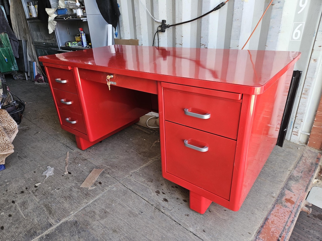 Vintage Steel Tanker Desk- Double Pedestal Desk in Red - Etsy