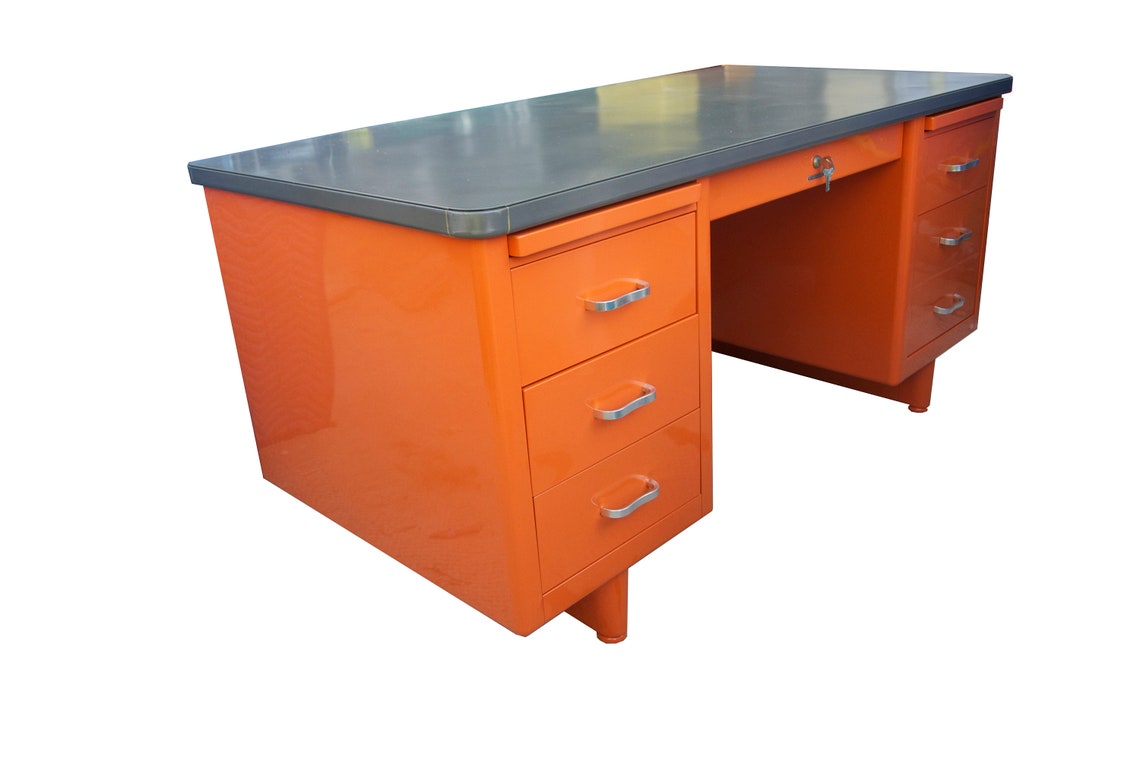 Vintage Steel Retro Tanker Desk Refurbished in Orange - Etsy