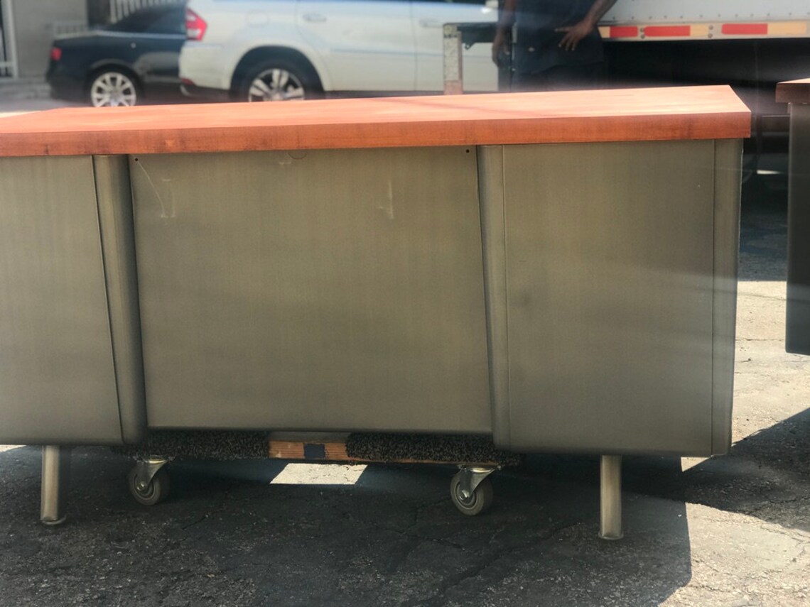 Allsteel Brushed Steel Tanker Desk With Wood Top - Etsy