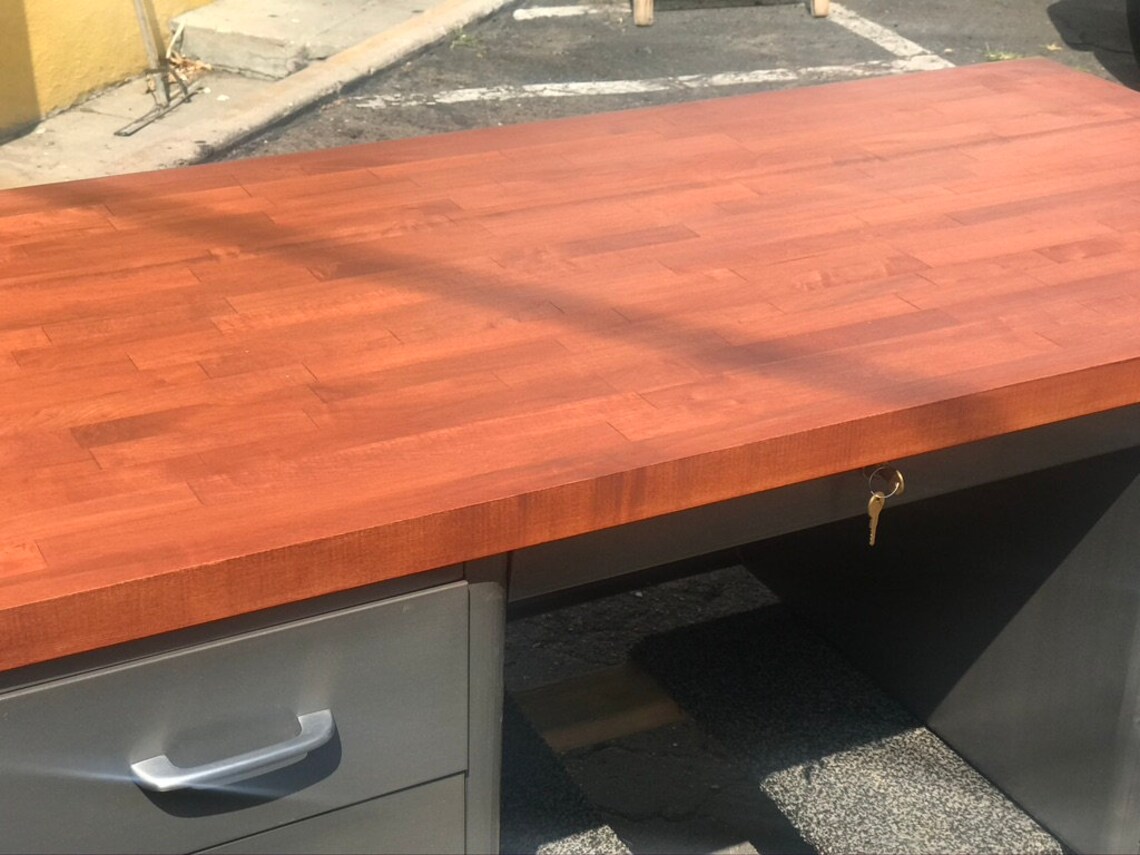 Allsteel Brushed Steel Tanker Desk With Wood Top - Etsy