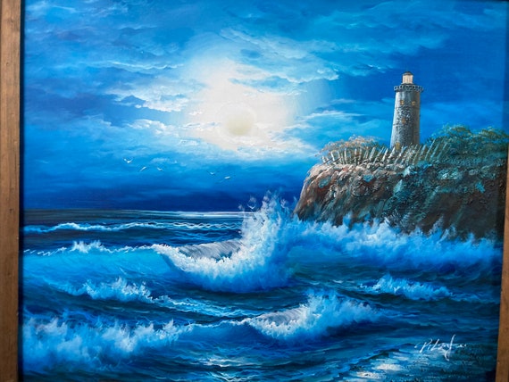 Lighthouse At Night Painting