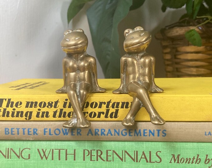 Pair of Solid Brass Frog Shelf Sitters on A Bench, MCM Brass Home Décor ...