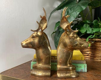 Vintage Pair of Solid Brass Deer Stag Head Bookends Handcrafted Korea ...